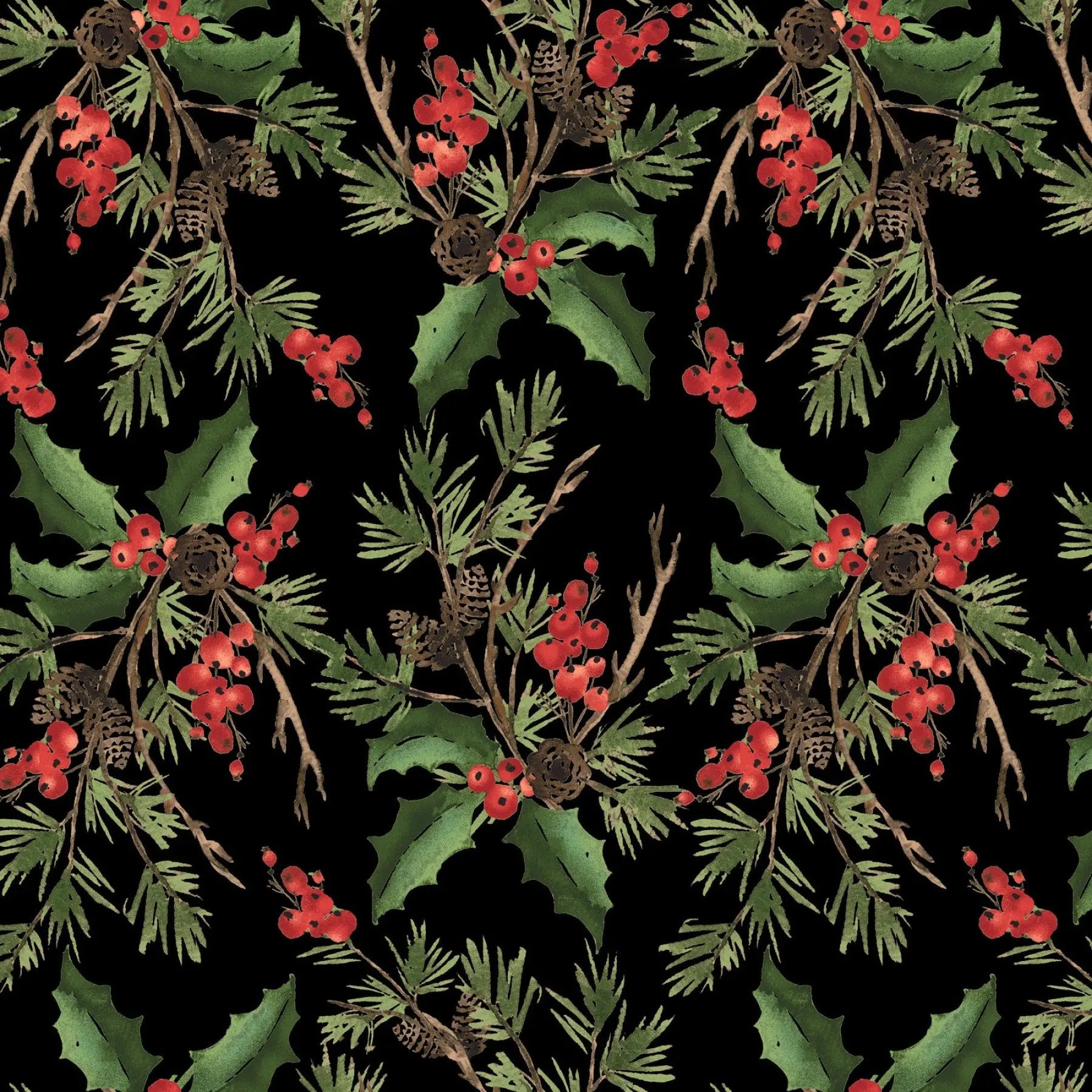 Black Holly Bouquet Cotton Wideback Fabric per yard - Linda's Electric
