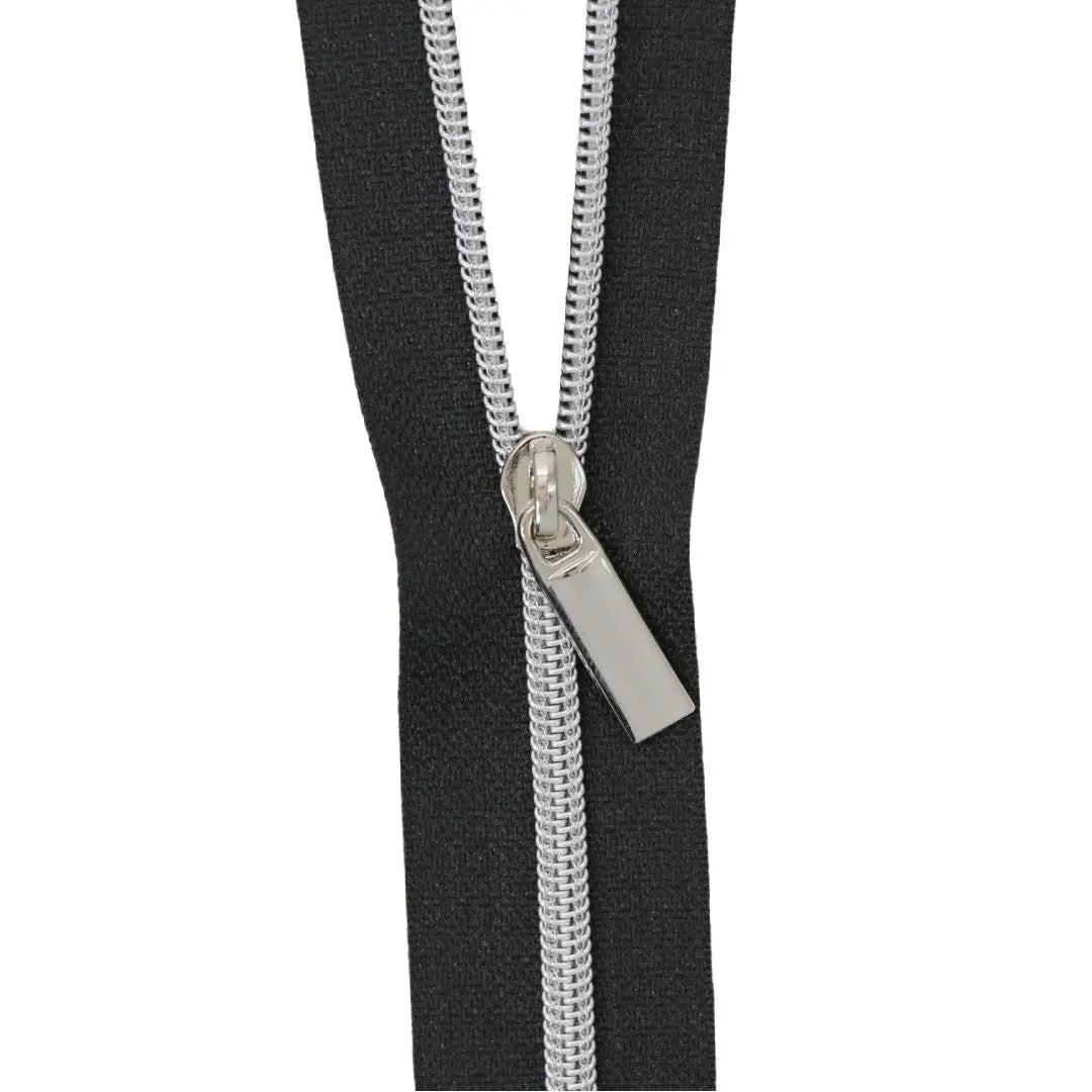 Black #3 Nylon Nickel Coil Zippers: 3 Yards with 9 Pulls - Linda's