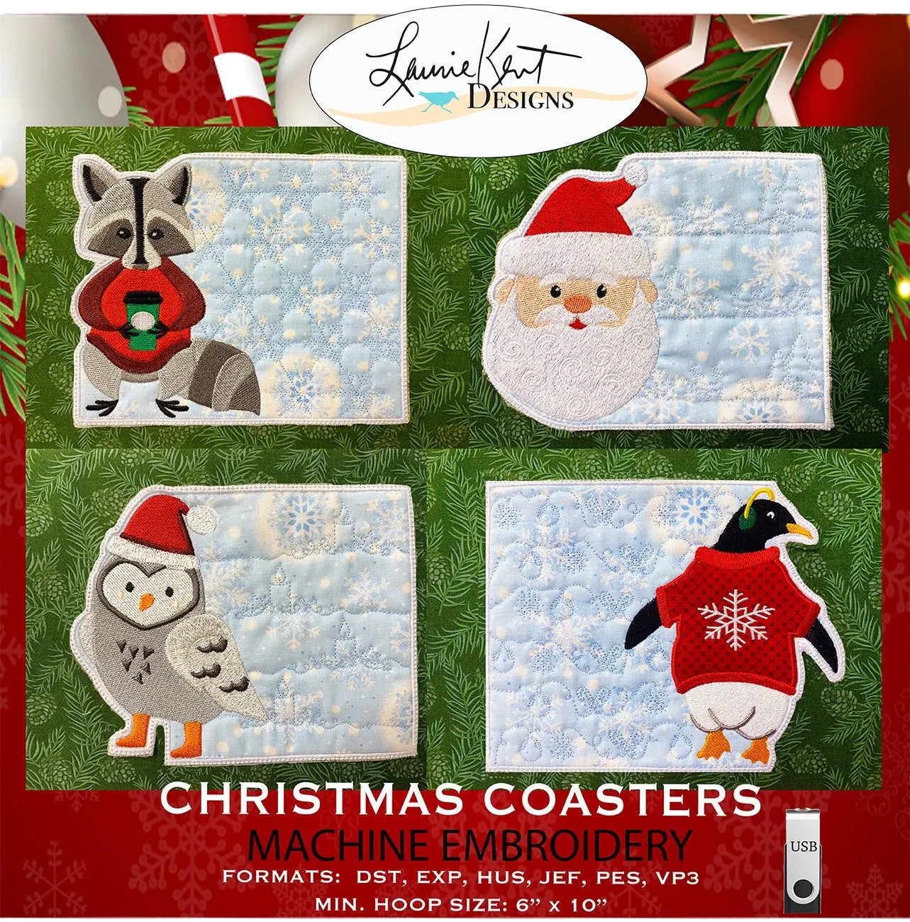 Christmas Coasters Embroidery USB - Linda's Electric Quilters