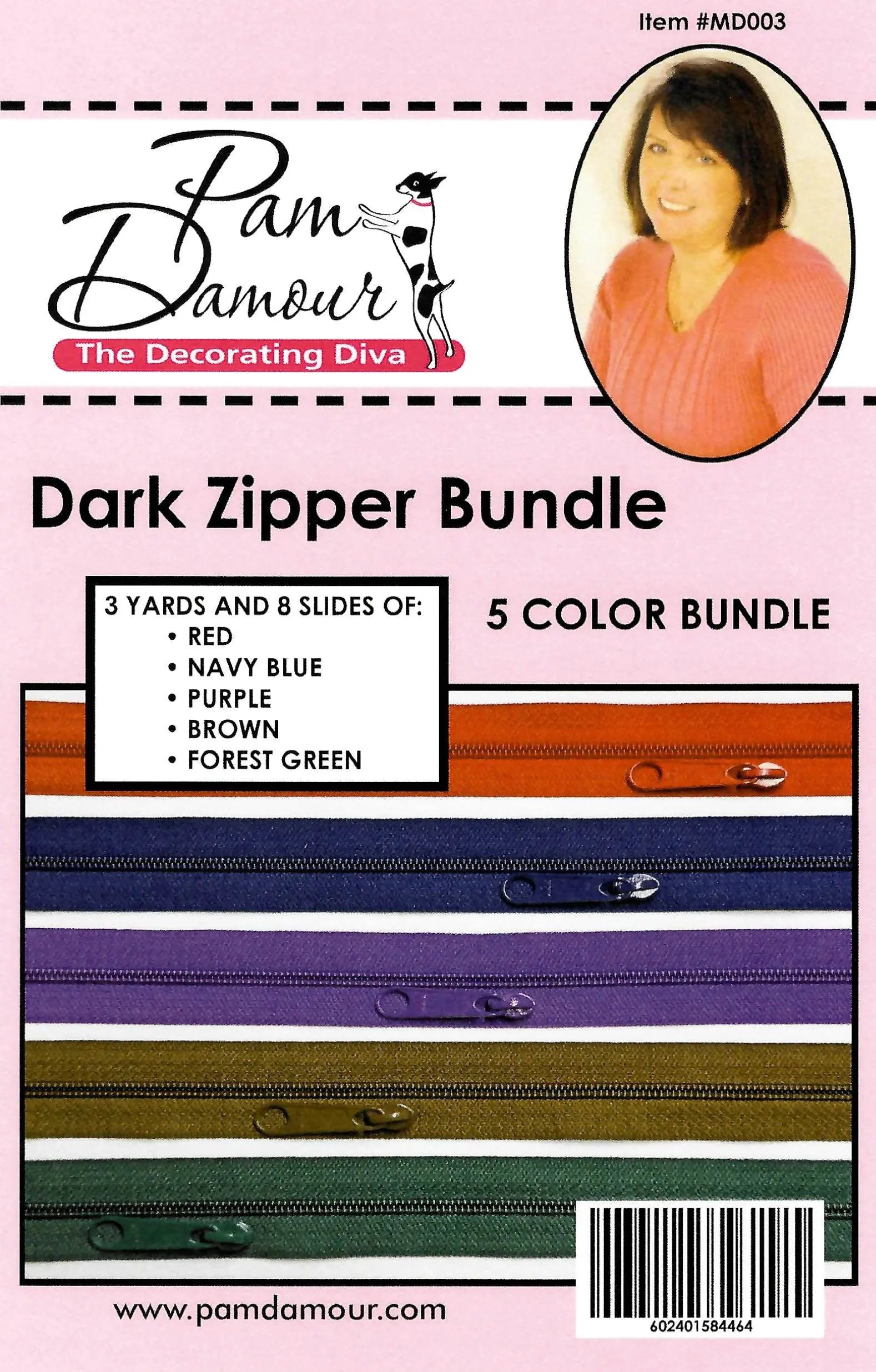 Dark 5 colors, 3 yards of Reversible Coil Zipper Tape with 8 Slides