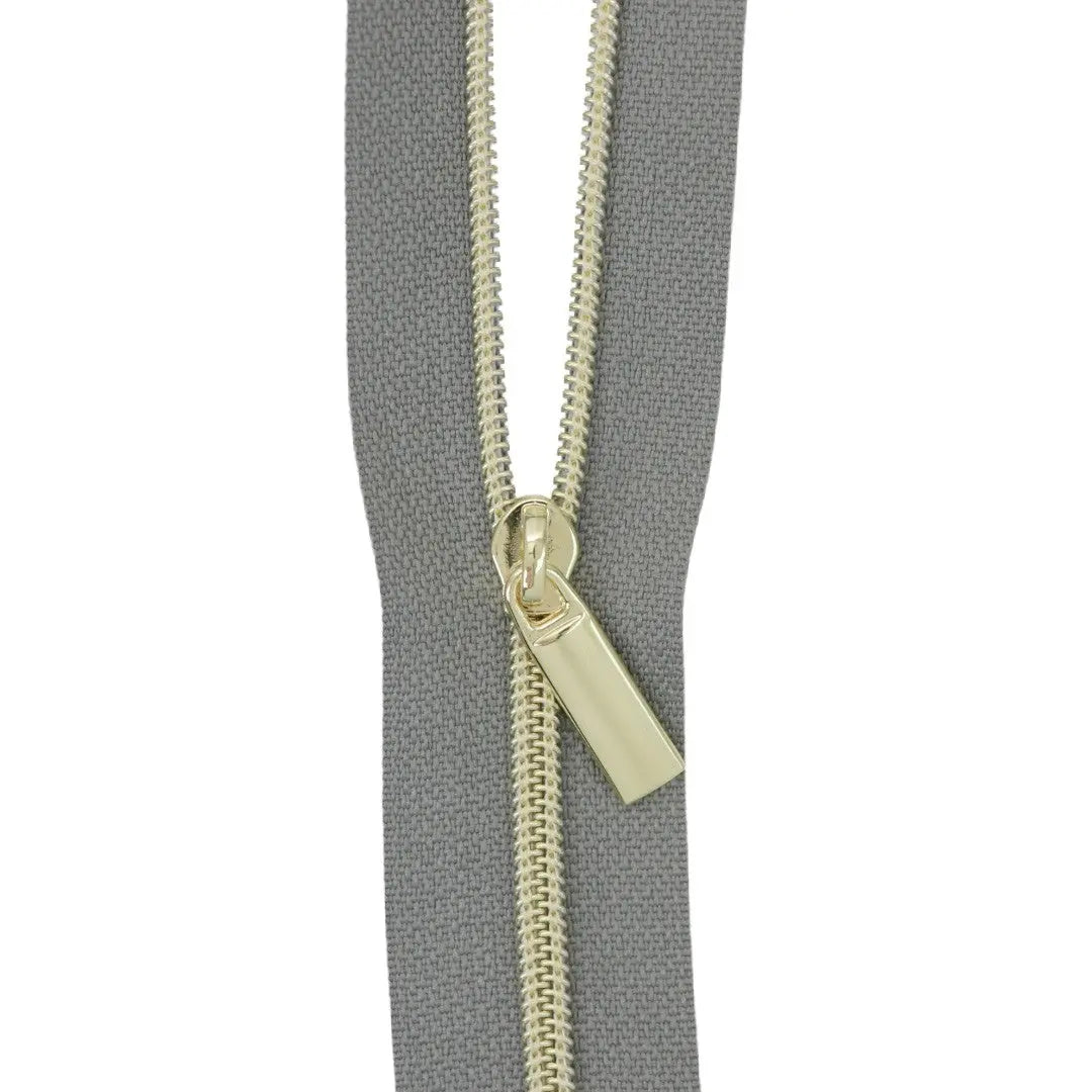 Grey #3 Nylon Gold Coil Zippers: 3 Yards with 9 Pulls - Linda's
