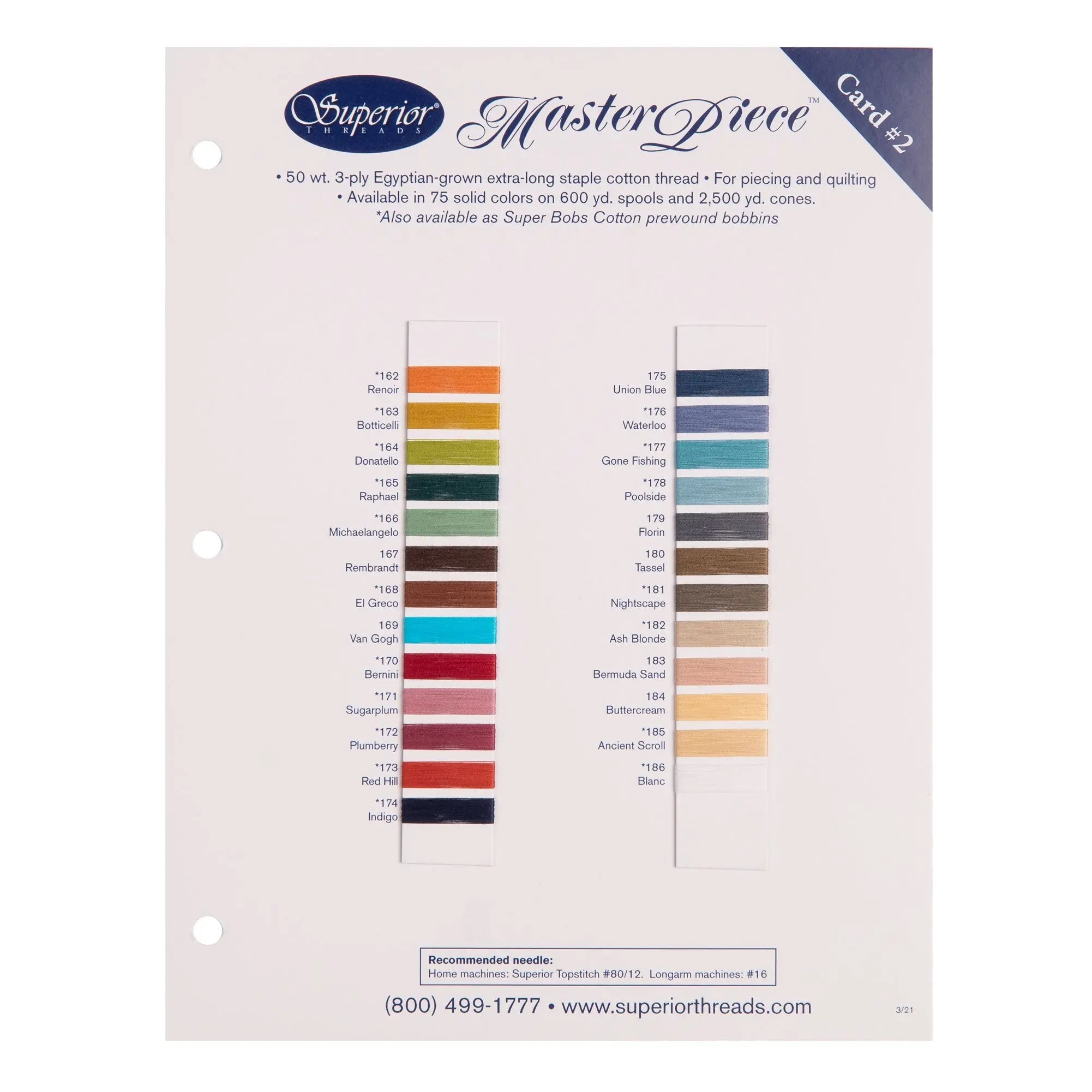 MasterPiece Cotton Thread Color Card New 25 Colors - Linda's Electric