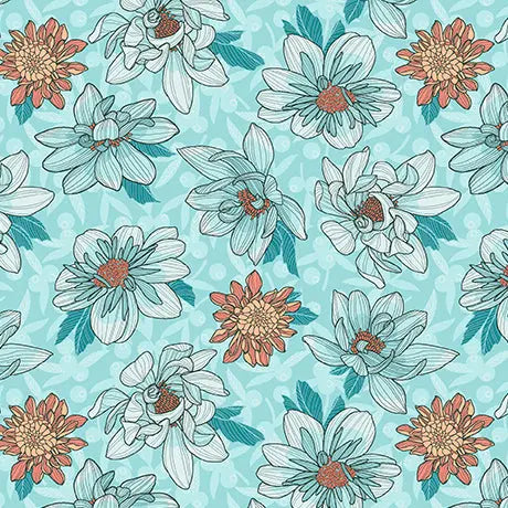 Multi Aqua Floral Toss Cotton 44"/45" Fabric Per Yard - Linda's