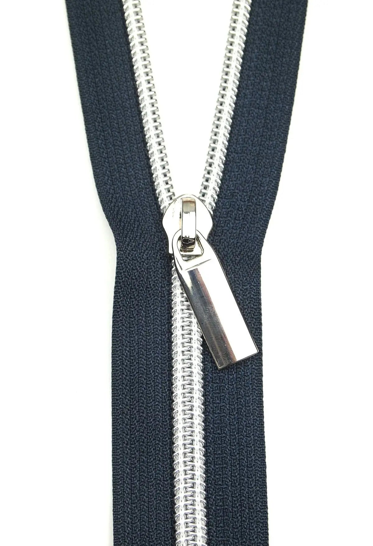 Navy #5 Nylon Nickel Coil Zippers: 3 Yards with 9 Pulls - Linda's
