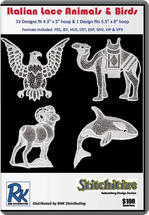 RNK EMBROIDERY DESIGN COLLECTIONS ITALIAN LACE ANIMALS & BIRDS