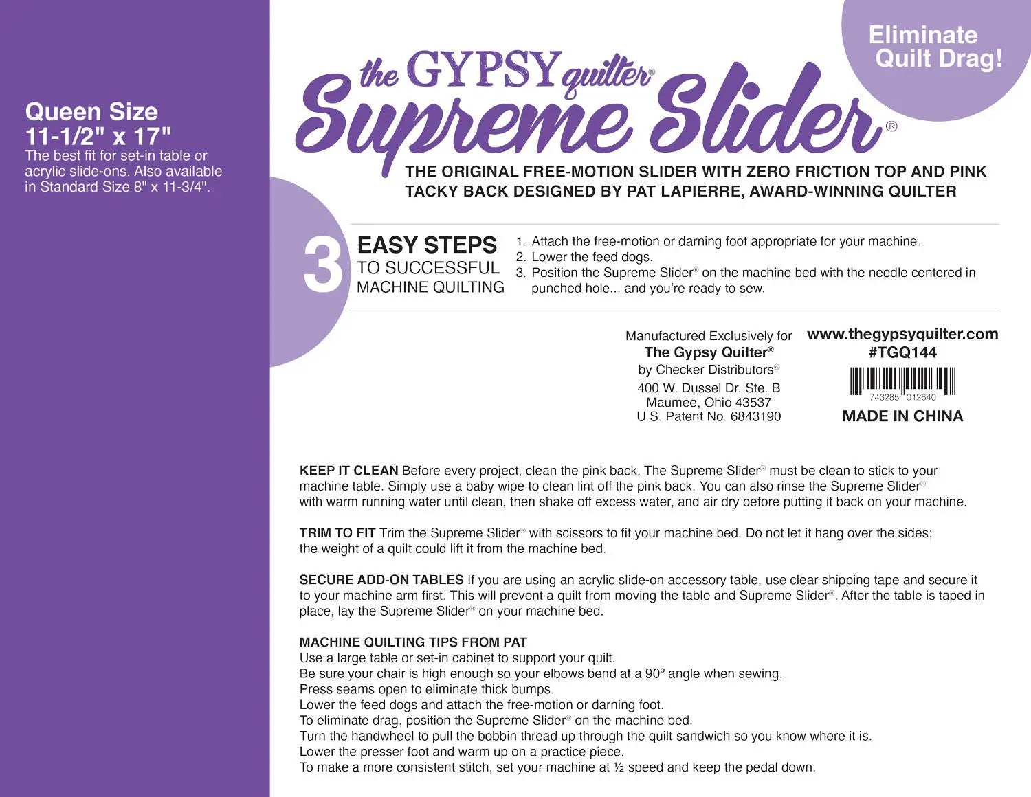 Supreme Slider 111/2in x 17in Free Motion Slider with Pink Tacky Back